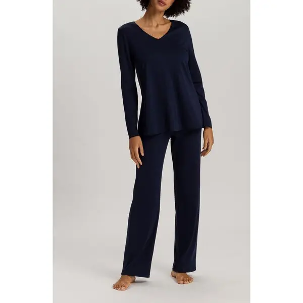 Hanro Cotton & Silk Long Sleeve Pajamas - Deep Navy