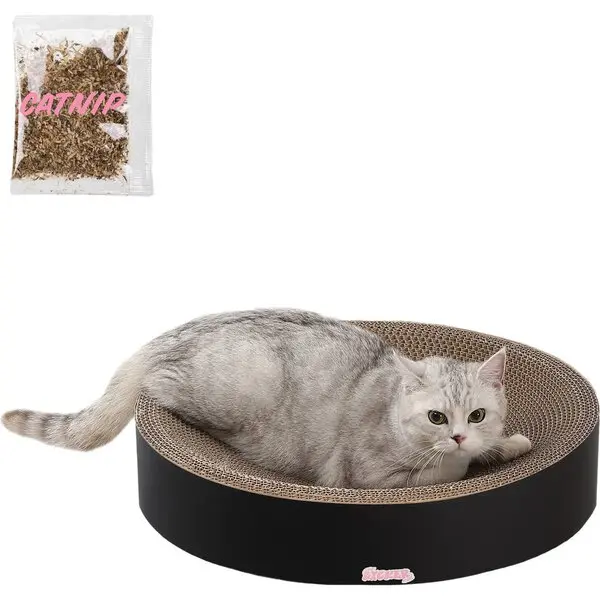 THE LICKER STORE Nelson 20.13" Modern Cardboard Round Bowl Cat Scratcher With Catnip - Black