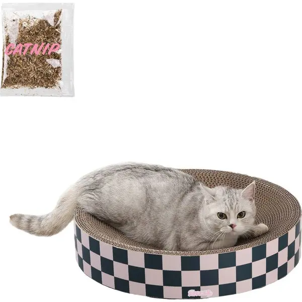 THE LICKER STORE Nelson 20.13" Modern Cardboard Round Bowl Cat Scratcher With Catnip - Dark Teal/light Pink