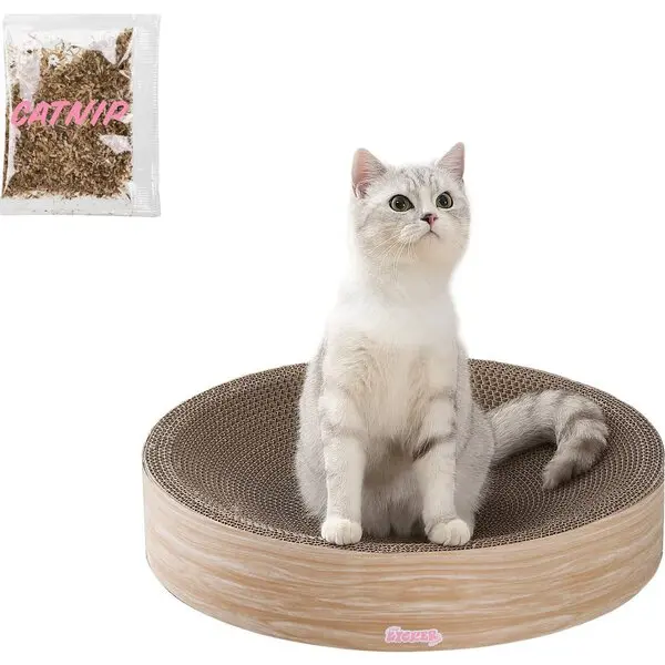 THE LICKER STORE Nelson 20.13" Modern Cardboard Round Bowl Cat Scratcher With Catnip - Wood Finish