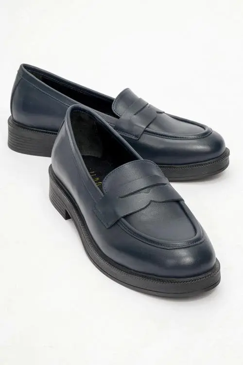 FOREVER & ALWAYS SHOES Bree Platform Leather Loafer - Navy Leather