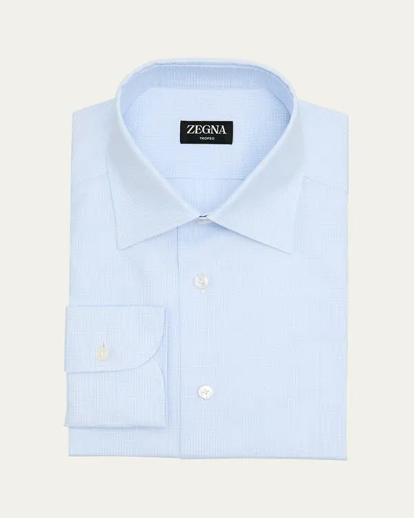 Zegna Micro-check Trofeo Cotton Dress Shirt - Br Blu Ck
