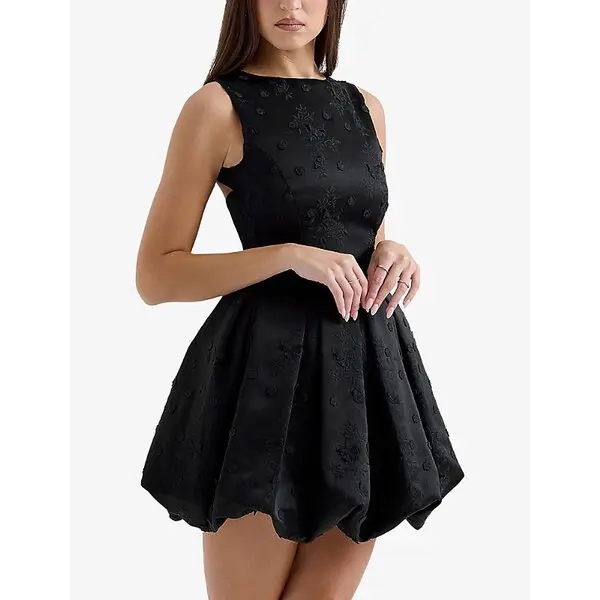 knee length dresses for ladies Bramble Black Satin Square-Neck Puffball Mini Dress – Club L London