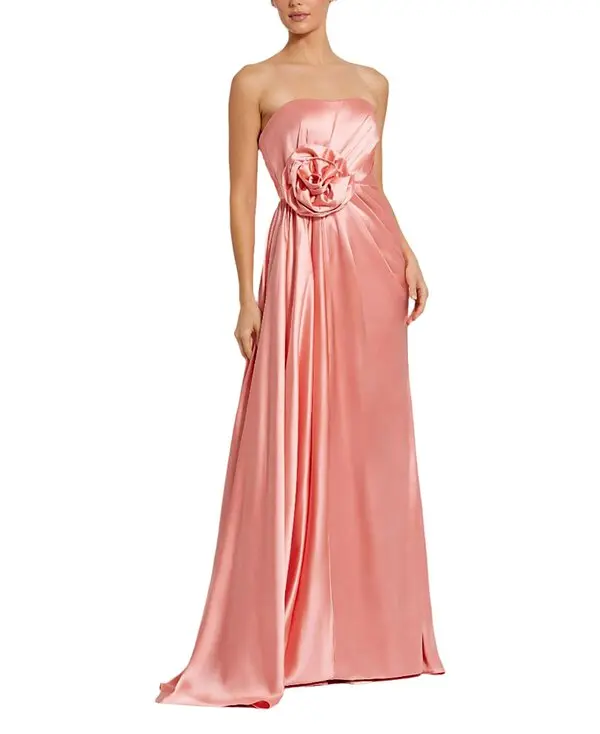 Mac Duggal Strapless Satin Gown With 3d Flower
