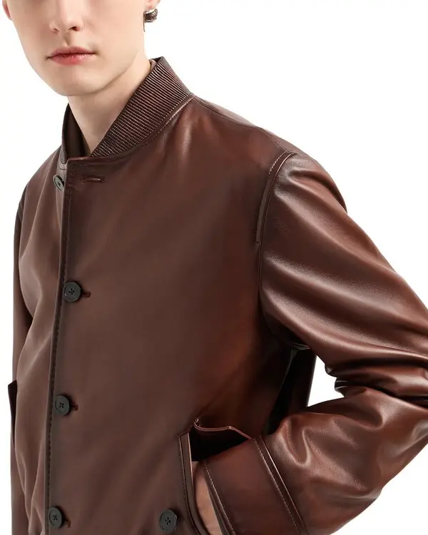 Emporio Armani Regular Fit Button Front Leather Bomber Jacket