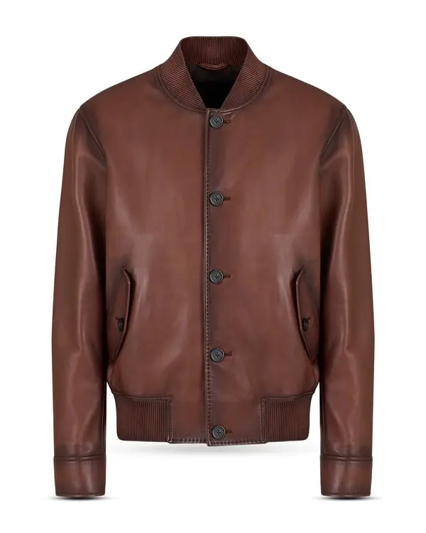 Emporio Armani Regular Fit Button Front Leather Bomber Jacket