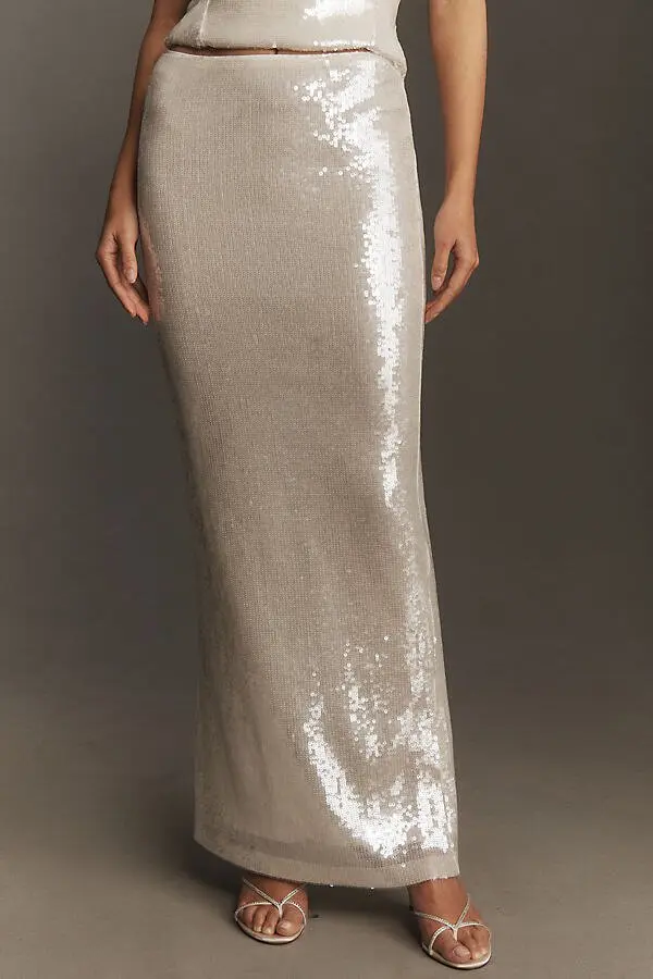 MARE MARE Sequin Embellished Column Maxi Skirt - Ivory