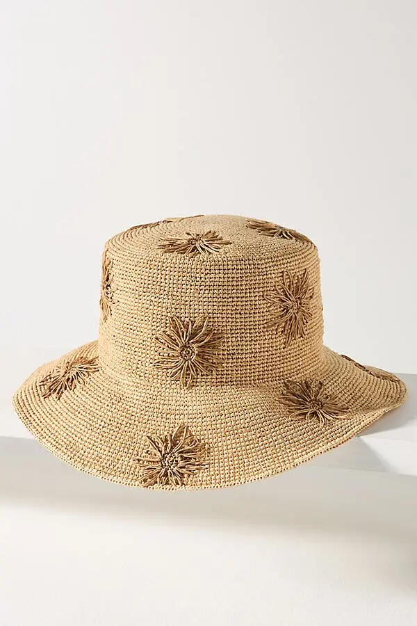 San Diego Hat Floral Embroidered Straw Bucket Hat - Tan