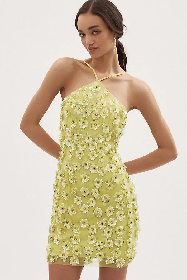 liv foster halter beaded fringe mini dress Bead & Sequin Fringe Halter Mini Dress
