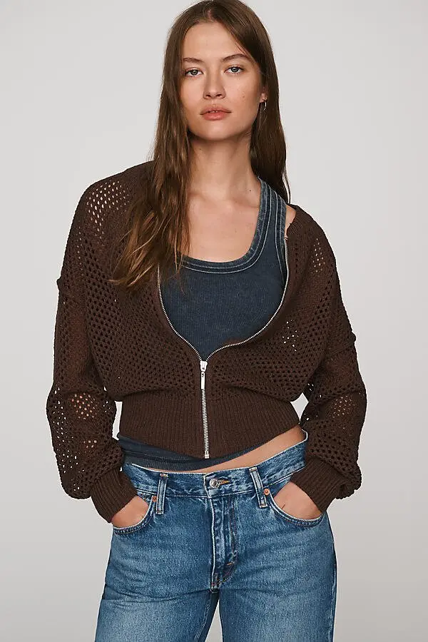 PILCRO Open-knit Bomber Cardigan Jacket - Chocolate