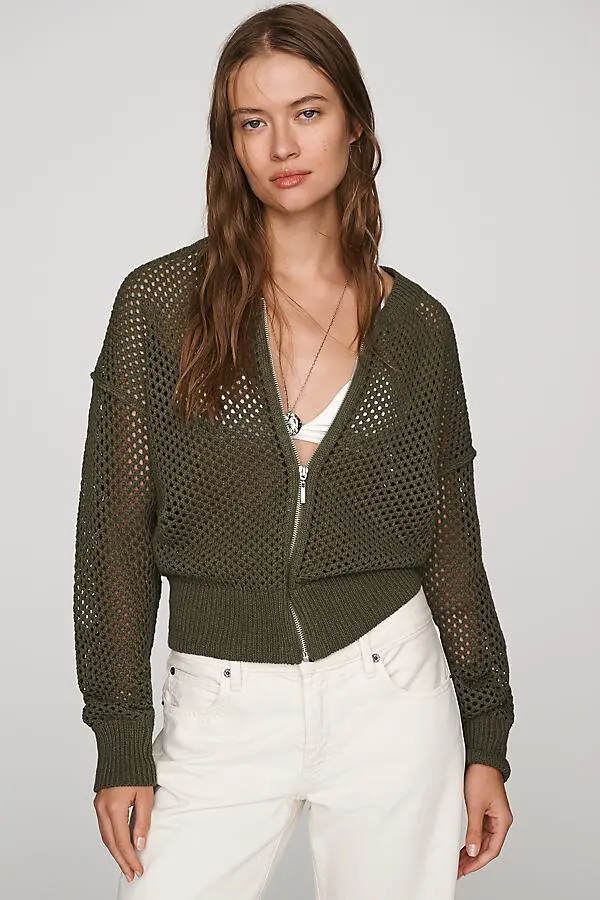 PILCRO Open-knit Bomber Cardigan Jacket - Olive