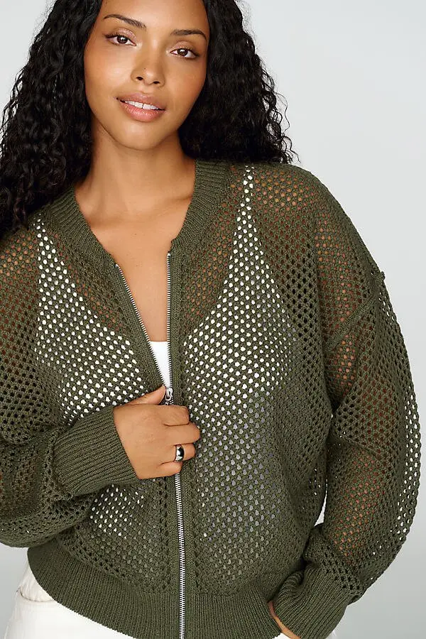 PILCRO Open-knit Bomber Cardigan Jacket - Olive