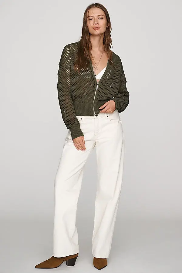 PILCRO Open-knit Bomber Cardigan Jacket - Olive