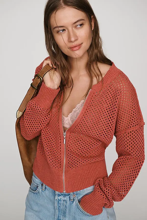 PILCRO Open-knit Bomber Cardigan Jacket - Rose