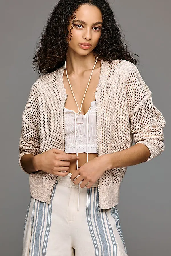 PILCRO Stitchy Bomber Cardigan Sweater - White Putty