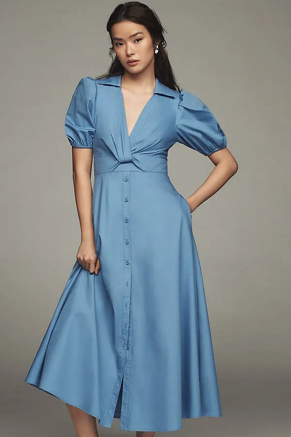 Hutch Laurel Puff-Sleeve Midi Dress In Cornflower Blue - 50% Off |  Editorialist