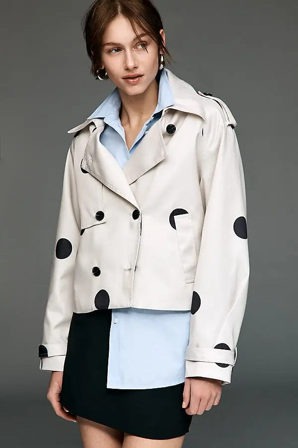 Maeve Crop Trench Coat - Black Dot