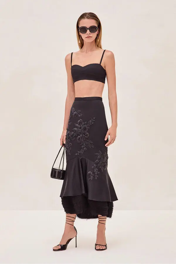 Alexis Kiernan Embroidered Flared Midi Skirt - Black