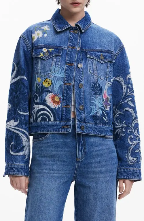 Desigual Embroidered Denim Trucker Jacket - Medium Blue