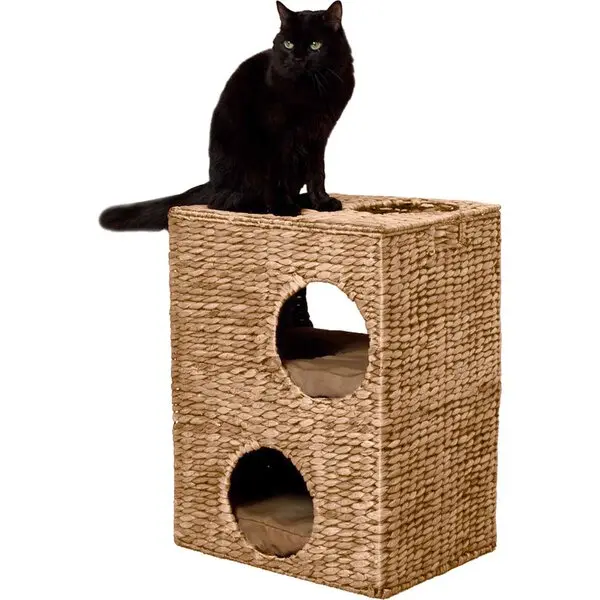THE LICKER STORE Jaxon 18" 2-tier Handwoven Hyacinth Rectangular 5-hole Cat Condo - Natural