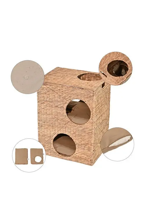 THE LICKER STORE Jaxon 18" 2-tier Handwoven Hyacinth Rectangular 5-hole Cat Condo - Natural