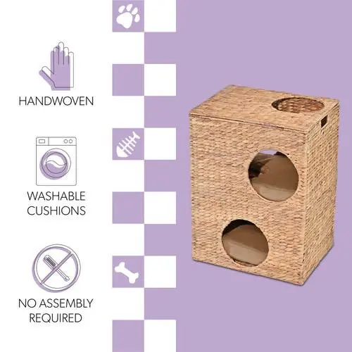 THE LICKER STORE Jaxon 18" 2-tier Handwoven Hyacinth Rectangular 5-hole Cat Condo - Natural