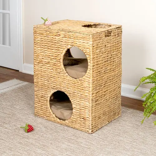 THE LICKER STORE Jaxon 18" 2-tier Handwoven Hyacinth Rectangular 5-hole Cat Condo - Natural