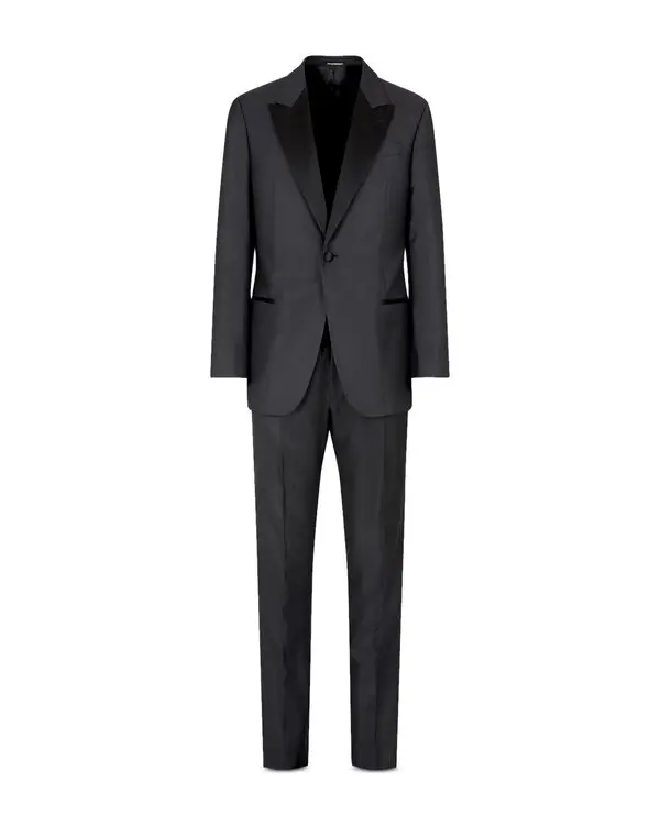 Emporio Armani G Line Regular Fit Single Breasted Peak Lapel Tuxedo In Wool Silk Blend - Black Beauty