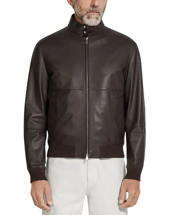 Zegna Nappa Leather Bomber Jacket - Dark Brown