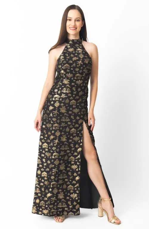 RAAS Leontine Halter Brocade Gown With Slit