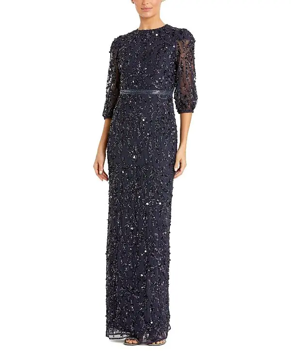 Mac Duggal Sequined Elbow Sleeve Gown - Midnight