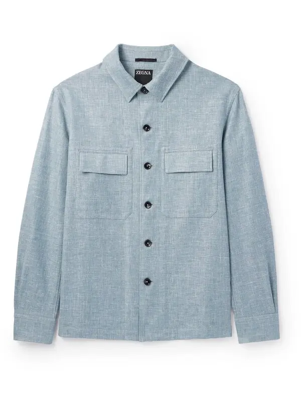 Zegna Leather-trimmed Woven Overshirt - Blue