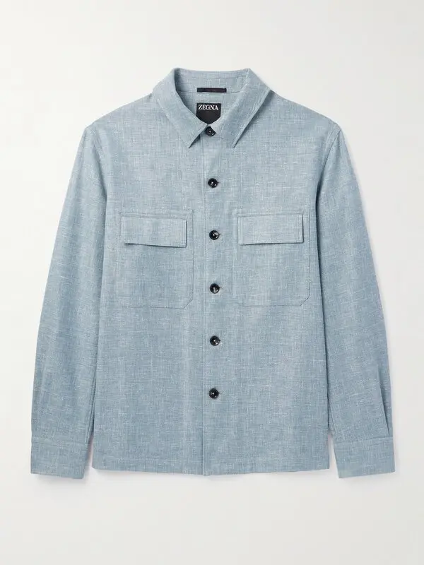 Zegna Leather-trimmed Woven Overshirt - Blue