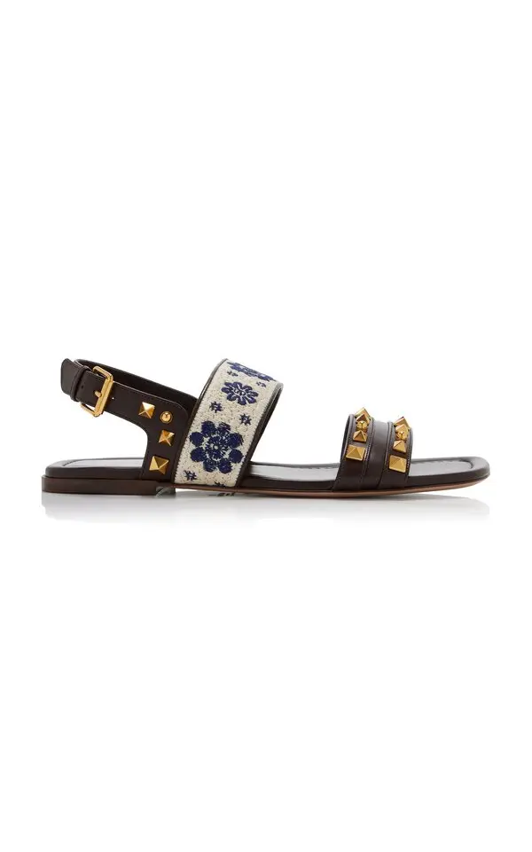 Valentino Garavani Rockstud Floral-embroidered Leather Sandals - Brown