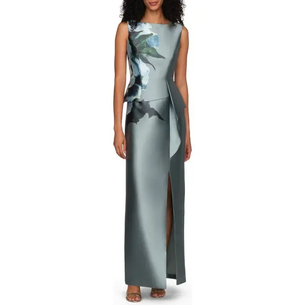 KAY UNGER Luciana Placed Floral Column Gown - Blue Opal