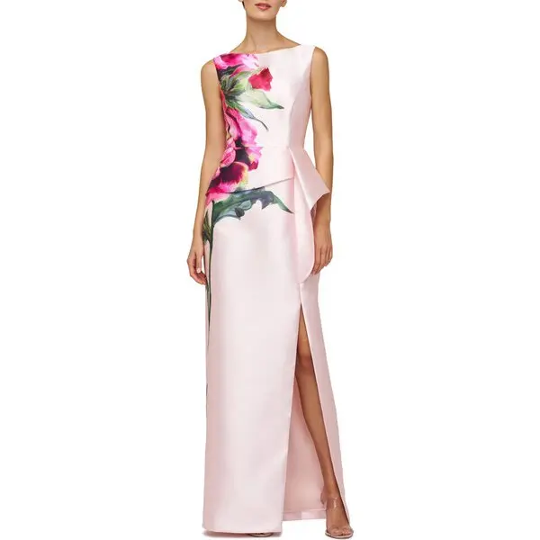 KAY UNGER Luciana Placed Floral Column Gown - Blush