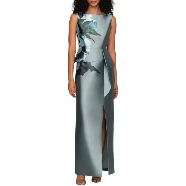 KAY UNGER Luciana Placed Floral Column Gown - Iceberg