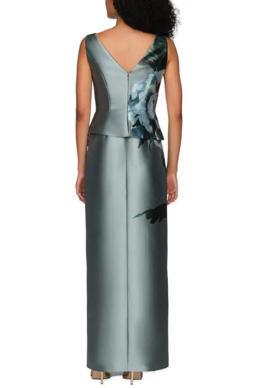 KAY UNGER Luciana Placed Floral Column Gown - Iceberg