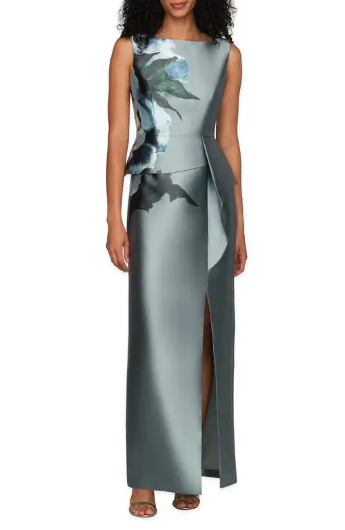 KAY UNGER Luciana Placed Floral Column Gown - Iceberg
