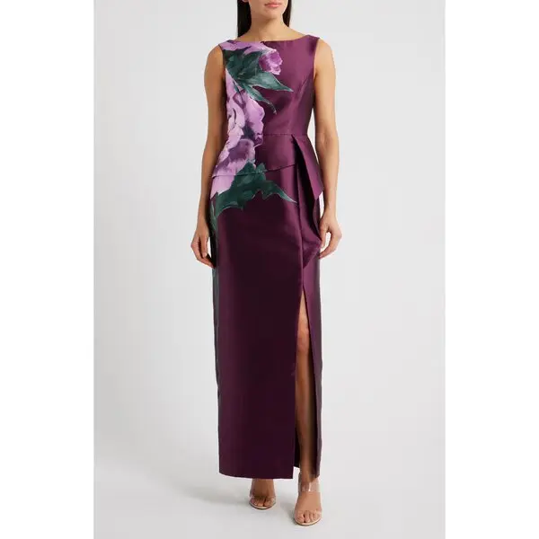 KAY UNGER Luciana Placed Floral Column Gown - Mulberry