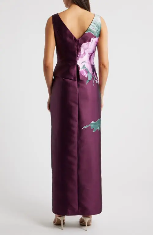 KAY UNGER Luciana Placed Floral Column Gown - Mulberry
