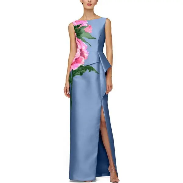 KAY UNGER Luciana Placed Floral Column Gown - Pearl Blue Multi