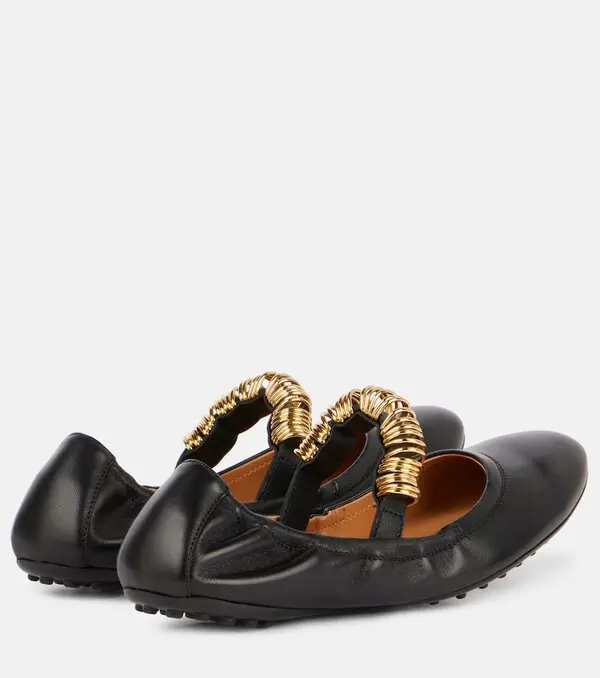 TOD'S Embellished Leather Mary Jane Flats - Black