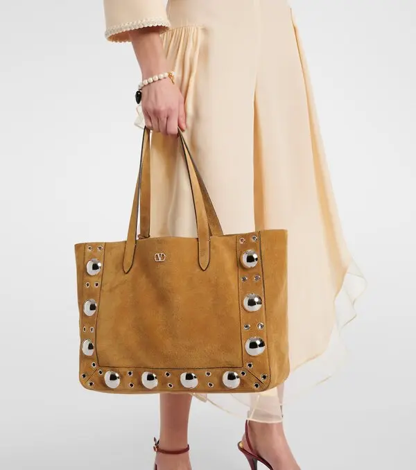 Valentino Garavani Nellcôte Medium Studded Suede Shopper - Beige