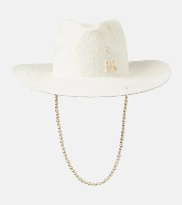 Ruslan Baginskiy Straw Fedora With Faux Pearl Embellishment - White