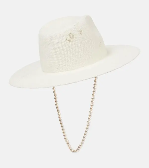 Ruslan Baginskiy Straw Fedora With Faux Pearl Embellishment