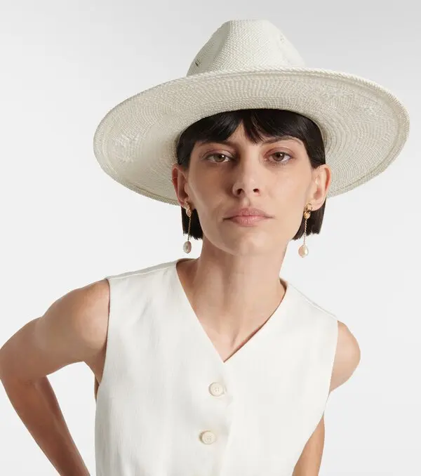 Ruslan Baginskiy Straw Fedora With Faux Pearl Embellishment