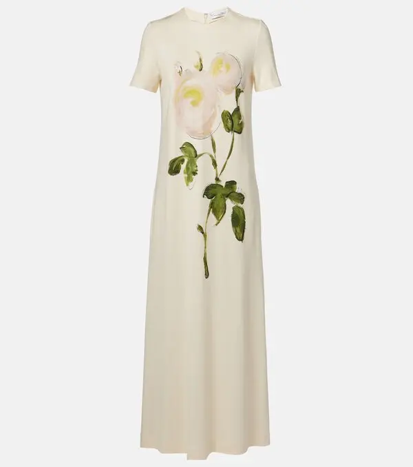Oscar De La Renta Painted Roses Jersey Maxi Dress - White