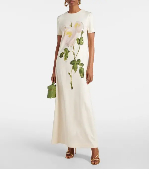 Oscar De La Renta Painted Roses Jersey Maxi Dress