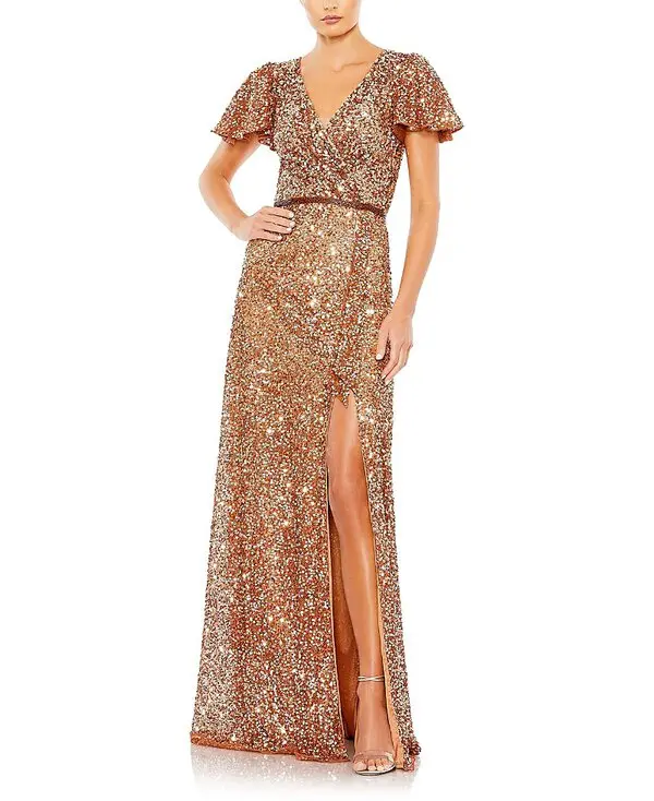 Mac Duggal Sequined Wrap Over Butterfly Sleeve Draped Gown - Copper